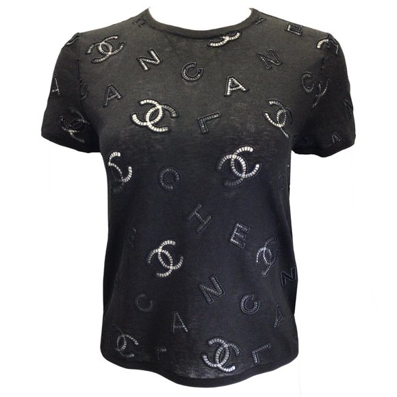CHANEL | Tops | Chanel Black 220 Cruise Collection Cc Logo Embroidered ...
